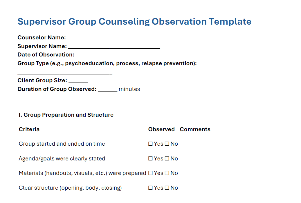 Supervisor Group Counseling Observation Template