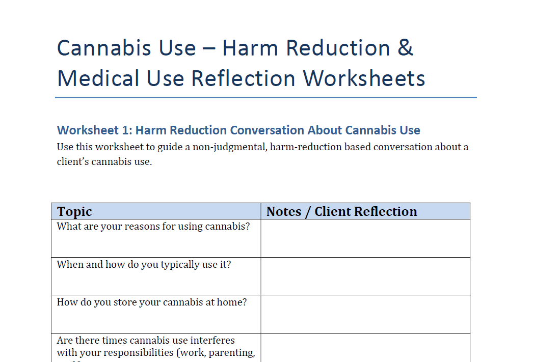 Cannabis Use - Harm Reduction and Medical Use Reflection Worksheet